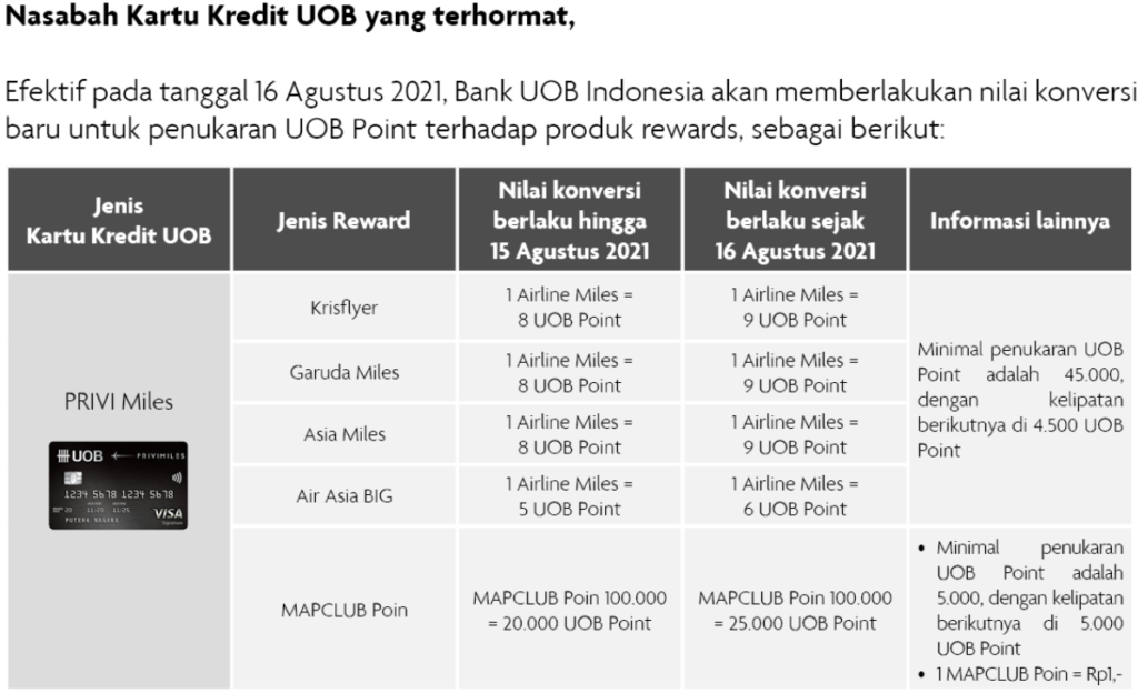 DEVALUASI: Kartu Kredit UOB PRIVI Miles Untuk Penukaran Airline Miles - PinterPoin