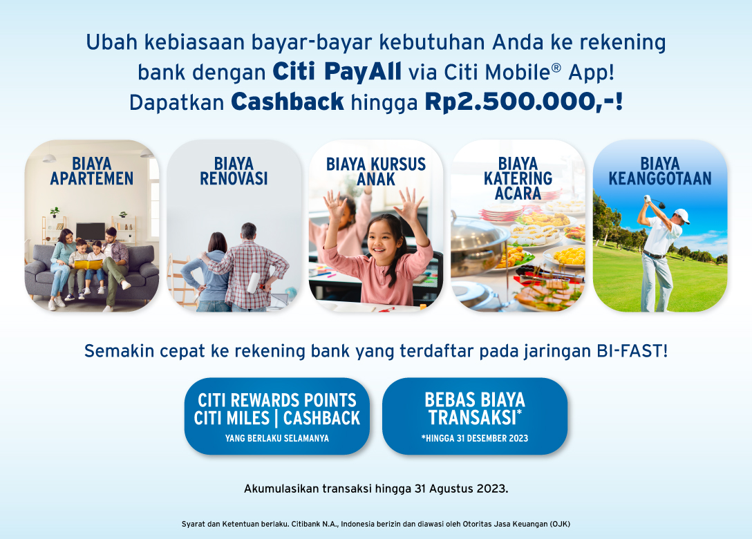 Promo: Gunakan Citi PayAll & Dapatkan Cashback Hingga Rp2.500.000 (Mei - Agustus 2023) - PinterPoin